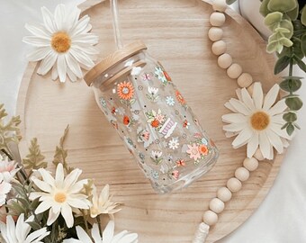 Daisy Iced Coffee Glass Cup Spring Floral Glass Cup With Bamboo Lid and ...