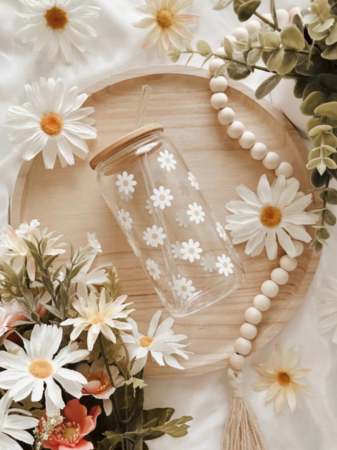 Daisy Iced Coffee Glass Cup Spring Floral Glass Cup With Bamboo Lid and ...