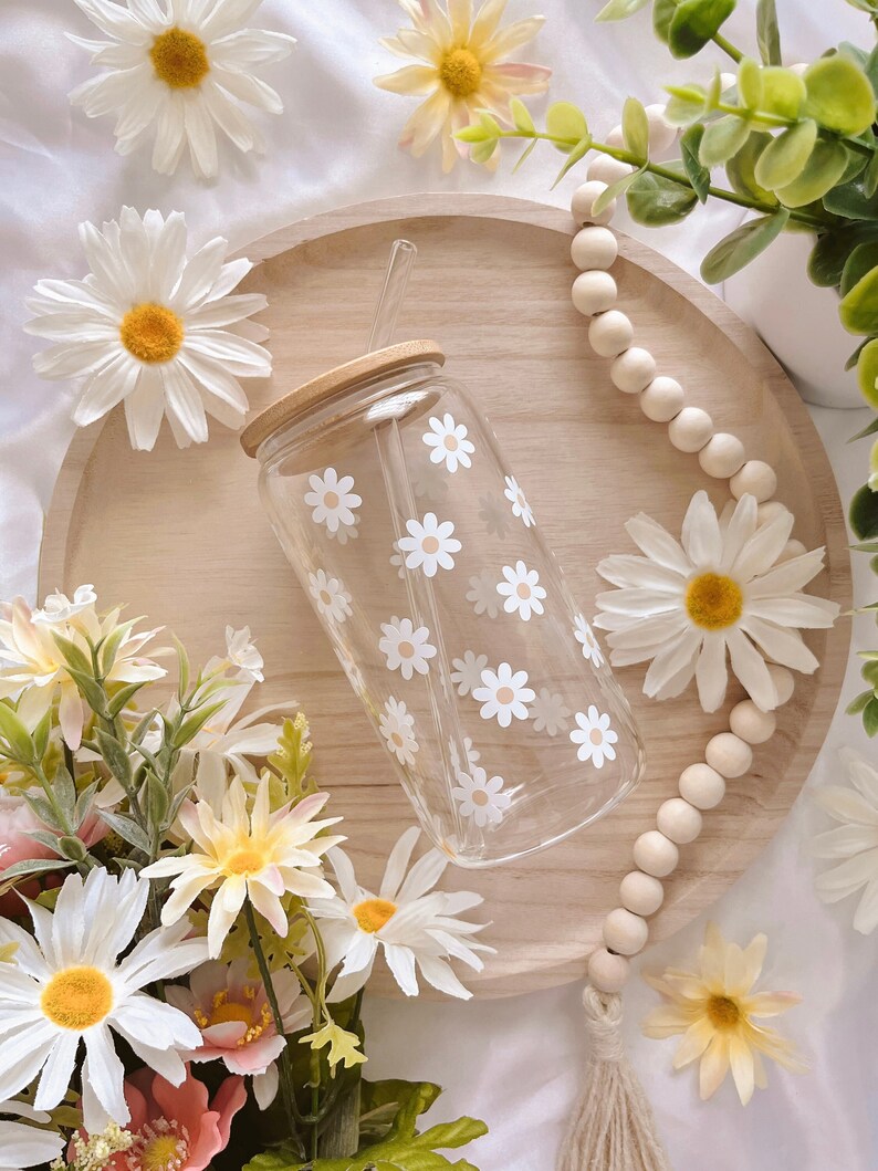 Daisy Iced Coffee Glass Cup Spring Floral Glass Cup With - Etsy