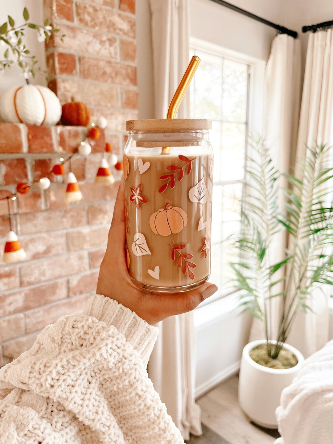Pumpkin Iced Coffee Glass Cup | Halloween Glass Cup With Bamboo Lid and ...