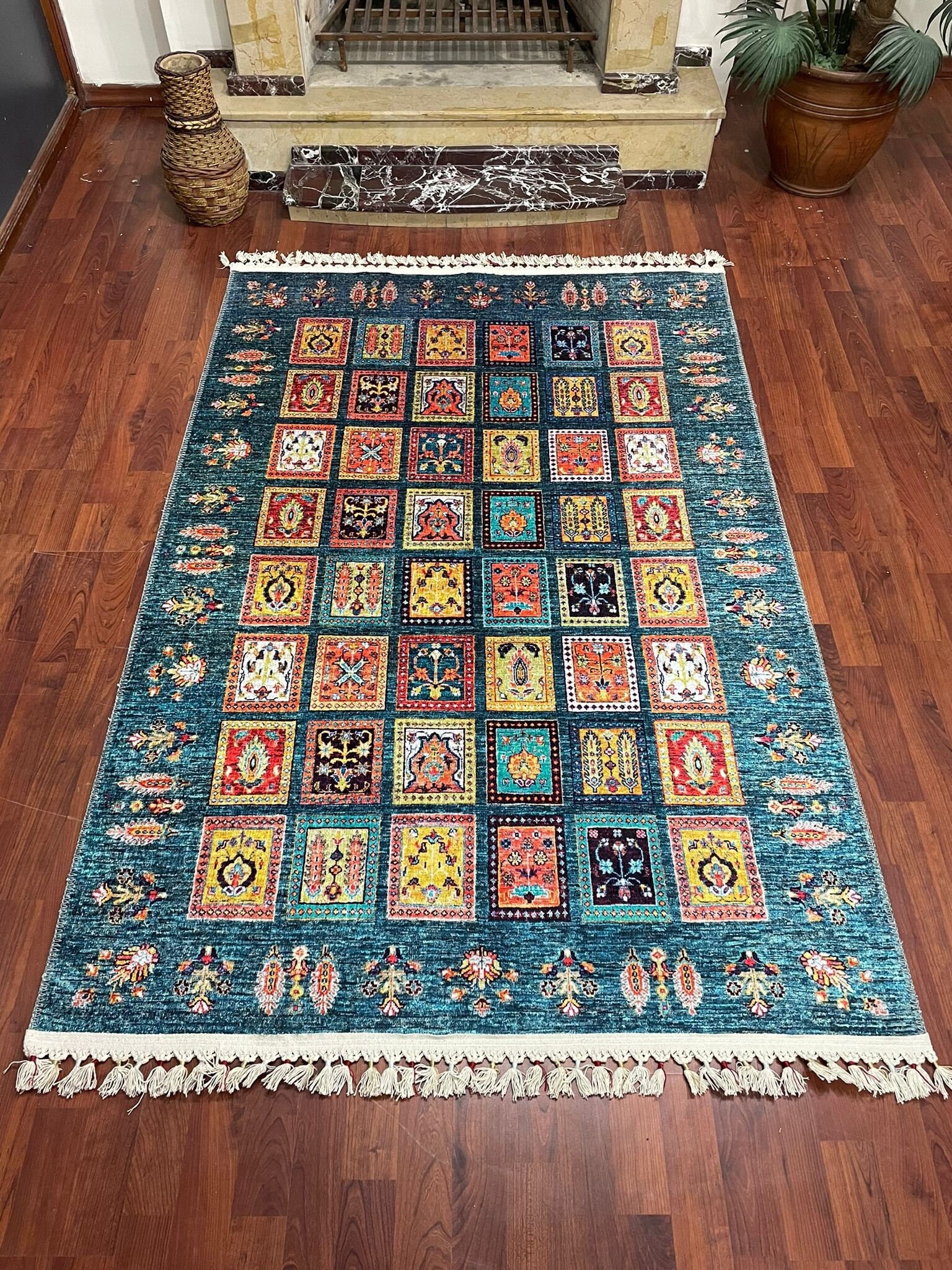 Blue Authentic Turkish Rug, Cotton Based Carpet, Ethnic Pattern ...