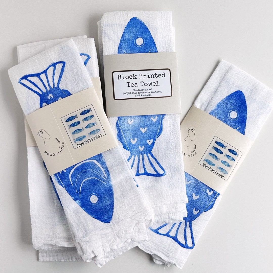 Block Printed Blue Fish Pattern Cotton Tea Towel 29”x29” - Etsy
