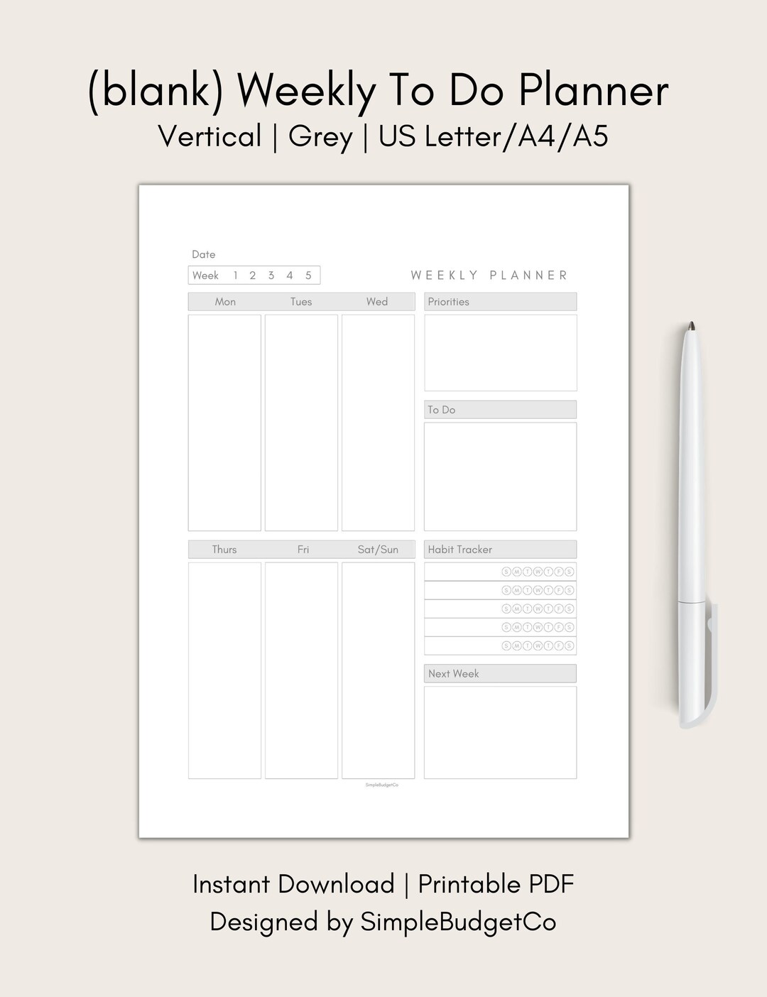 Blank Weekly Planner | Vertical Design | Weekly to Do List | Weekly ...
