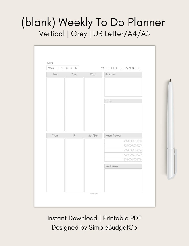 Blank Weekly Planner Vertical Design Weekly to Do List - Etsy