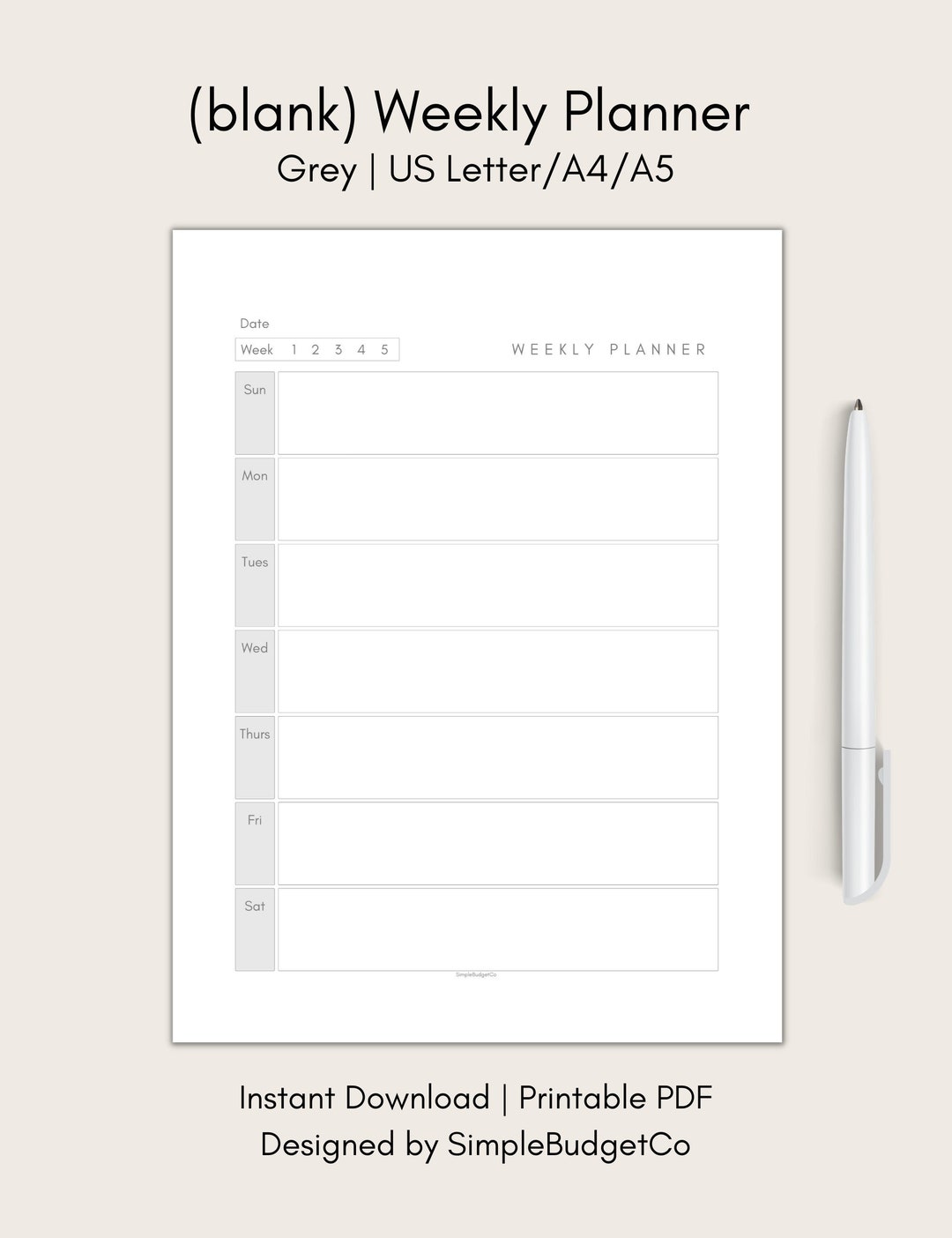 Blank Weekly Planner | Weekly Calendar | Undated Planner Template ...