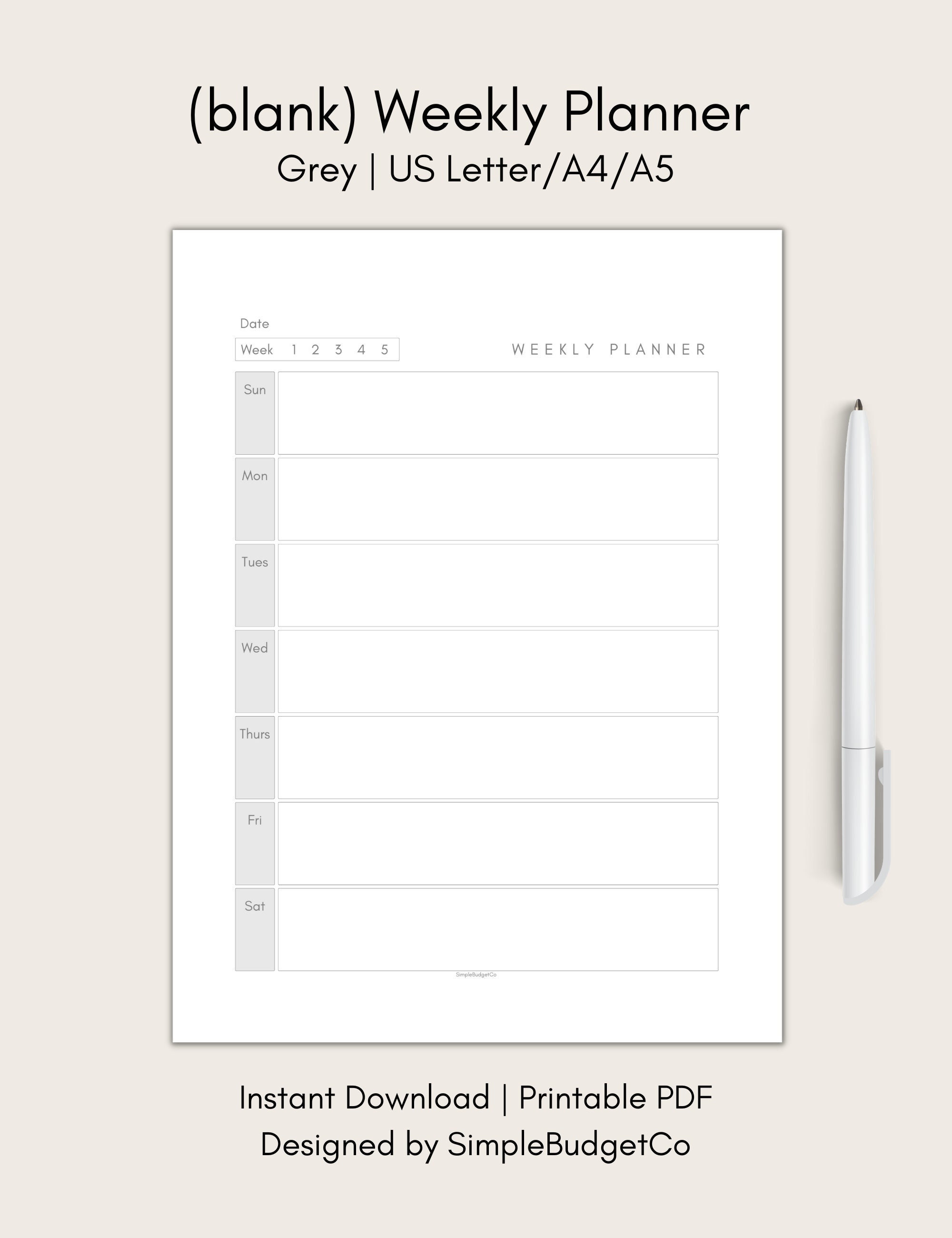 Blank Weekly Planner | Weekly Calendar | Undated Planner Template ...