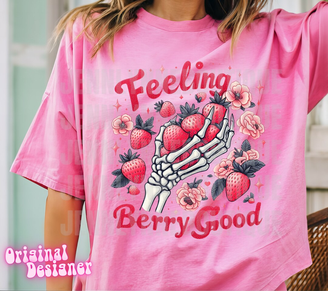 Feeling Berry Good PNG, Skeleton Holding Strawberries, Pink Flowers ...