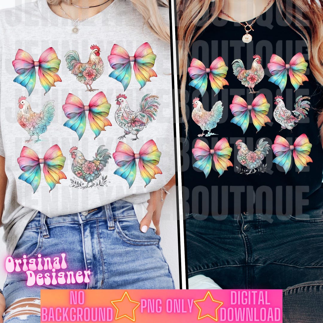 Retro Floral Boho Chicken PNG, Coquette Bows, Farmer Sublimation ...
