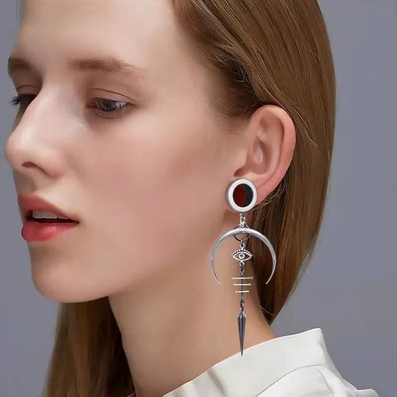 Ear Tunnel Earrings Plug Ears Plugs Silver Stainless Earring Half Moon Star Stars Long Hanging ...