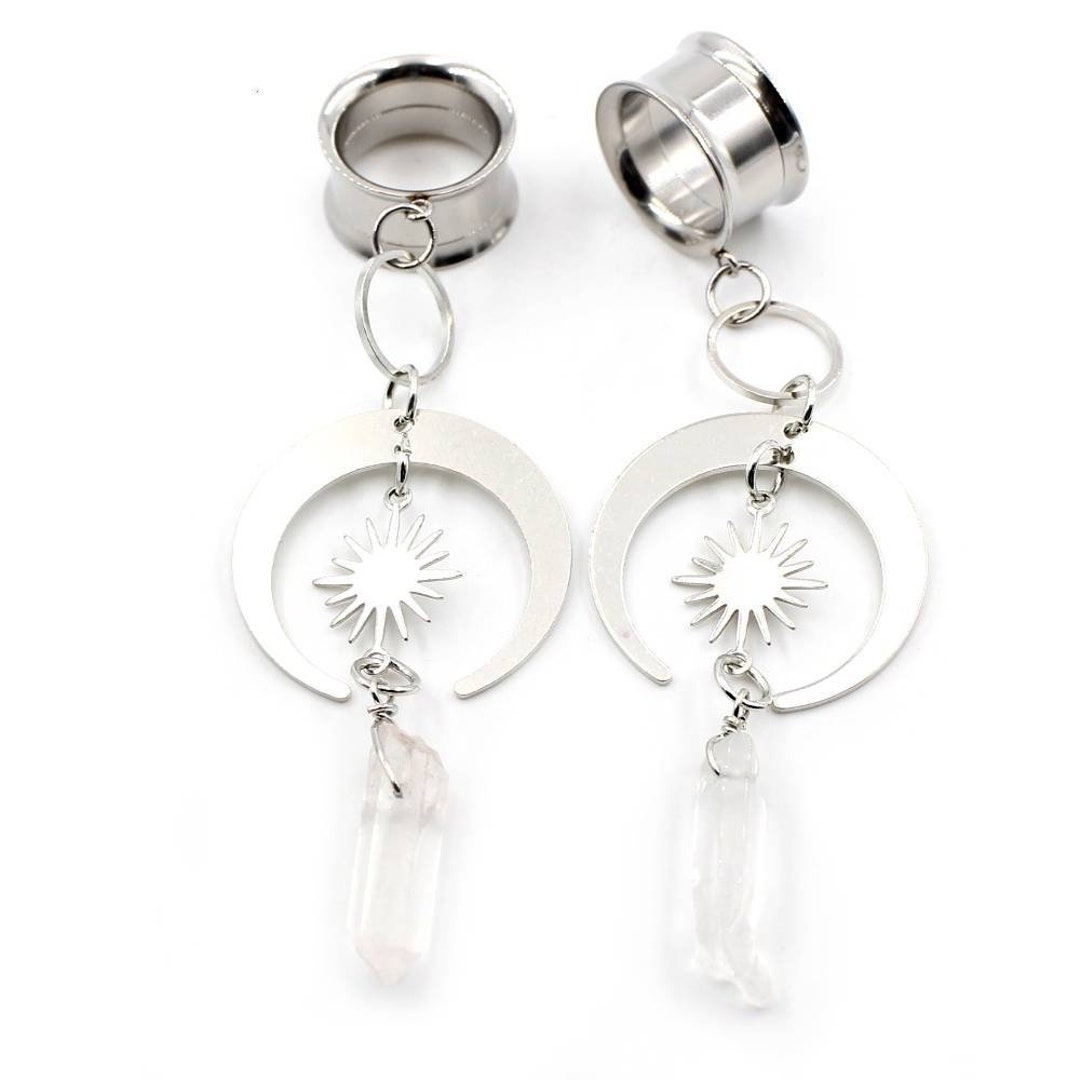 Ear Tunnel Earrings Plug Plugs Hanging Tunnels Silver Sun Moon Quartz Quartz Crystal Stretched ...