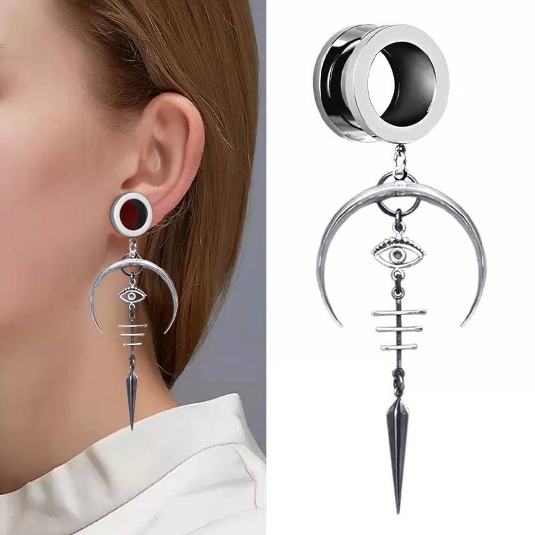 Ear Tunnel Earrings Plug Ears Plugs Silver Stainless Earring Half Moon Star Stars Long Hanging ...