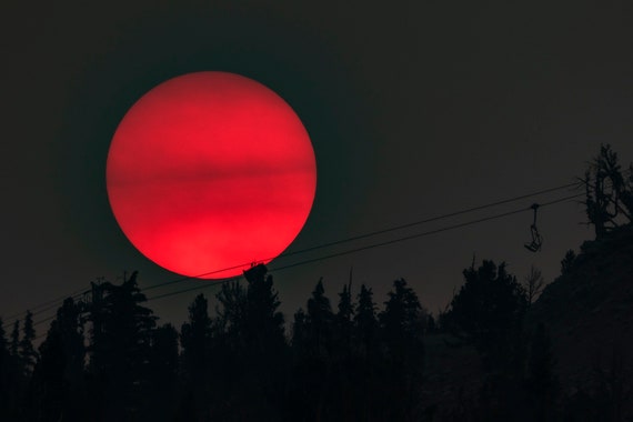 Red Sun Rising and Ski Lift Photography Nature Metal Print - Etsy