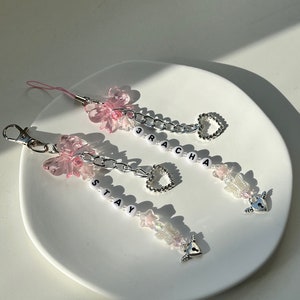 Pink Personlized Keychain Kpop Charm With White Beads, Kpop Bias Phone ...
