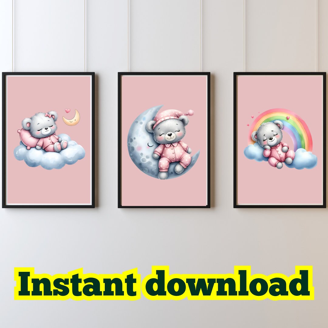 Set of Three Cute Sleeping Baby Teddy Bear Prints/bear Nursery or ...