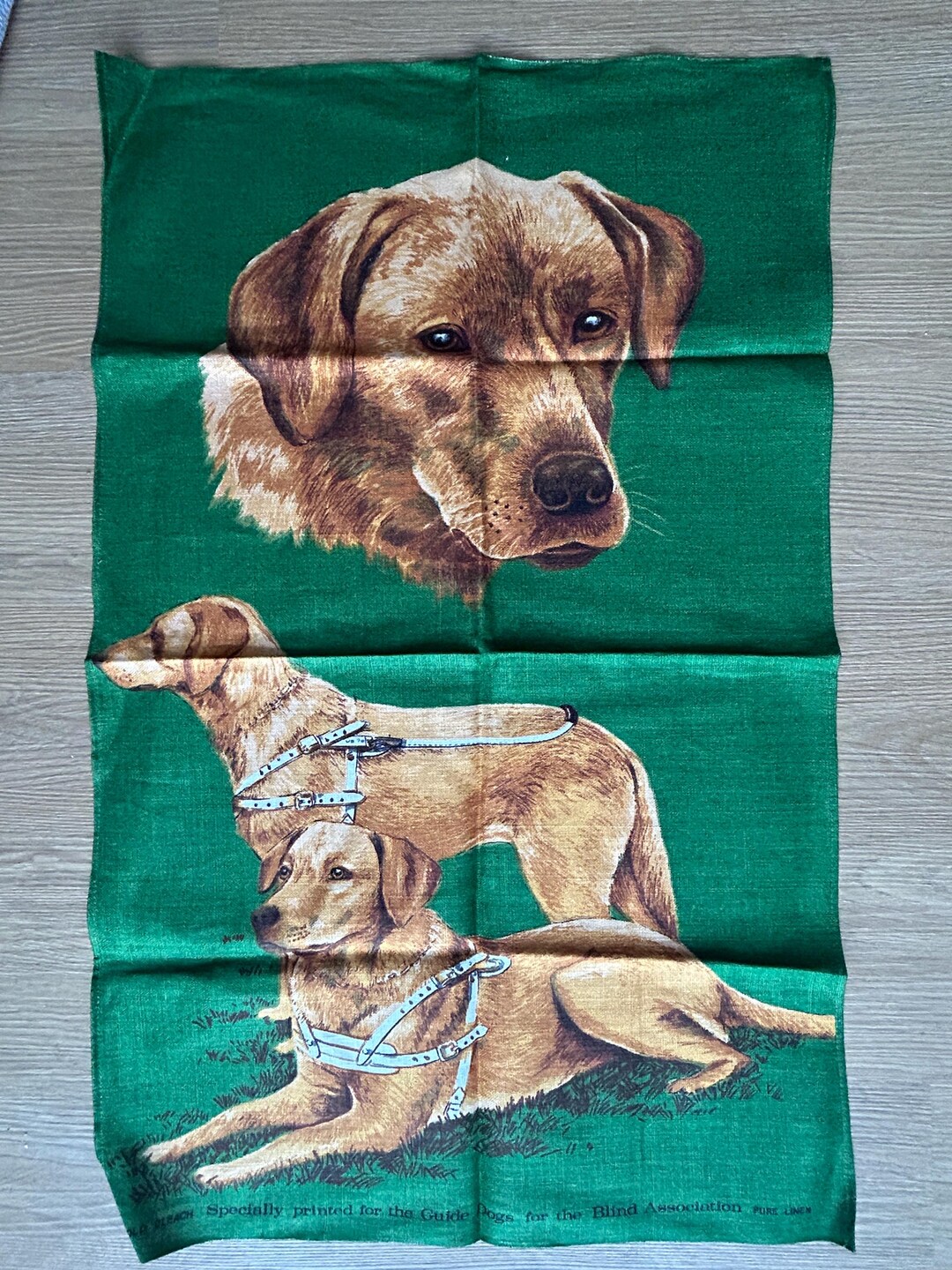 Vintage Green Linen Guide Dogs for the Blind Tea Towel Featuring ...