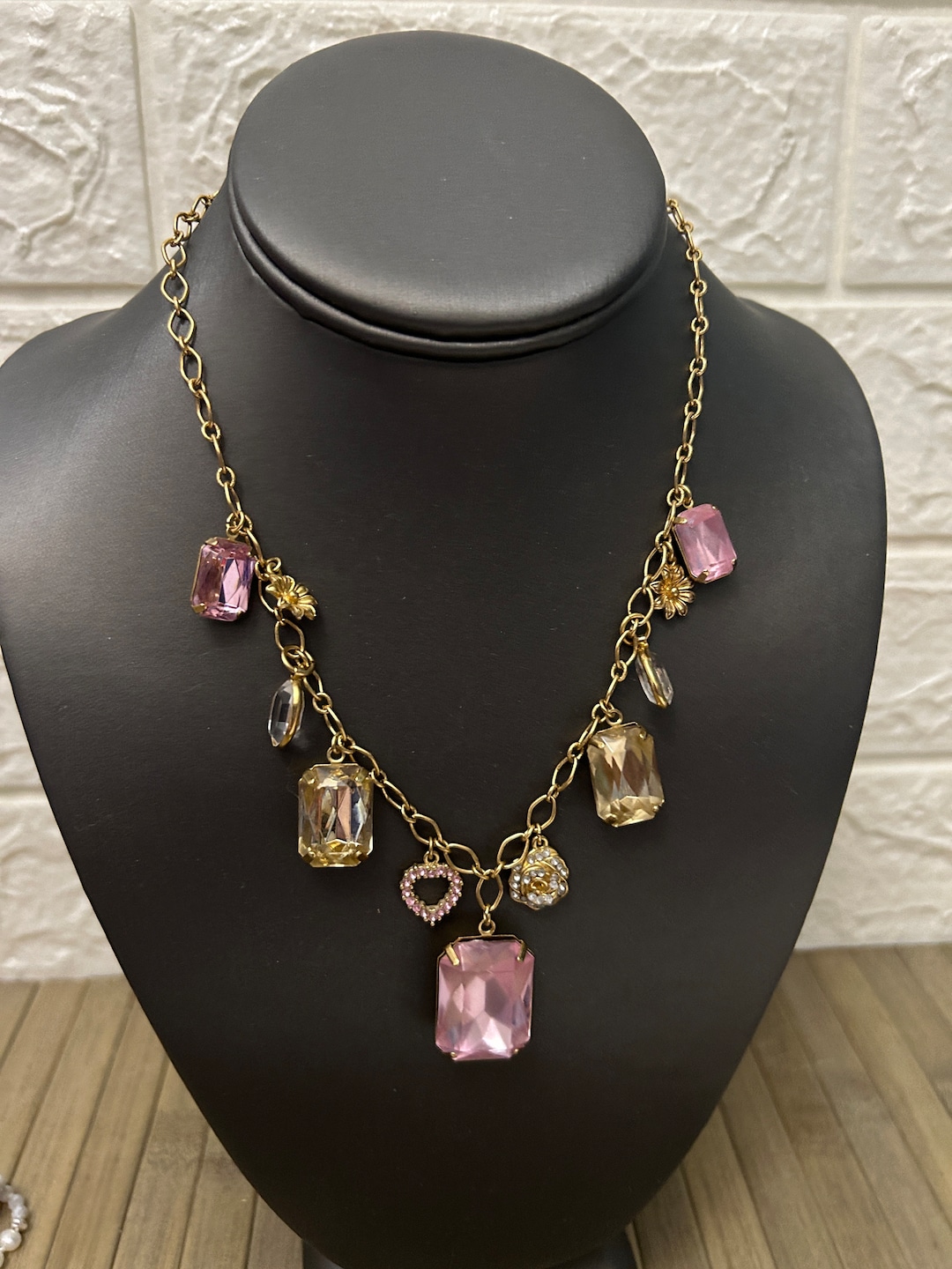 Vintage Avon Gold Tone SH Necklace With Pink Acrylic Crystals and Gold ...