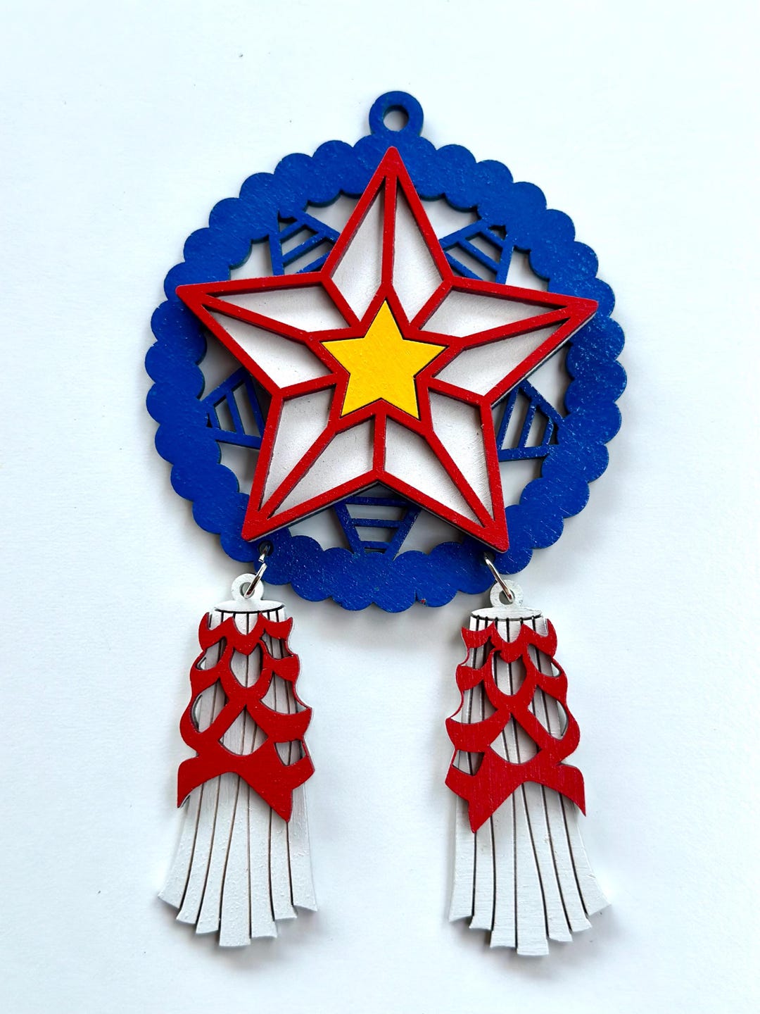 Wood Parol Ornament - Blue, White, Red - Etsy