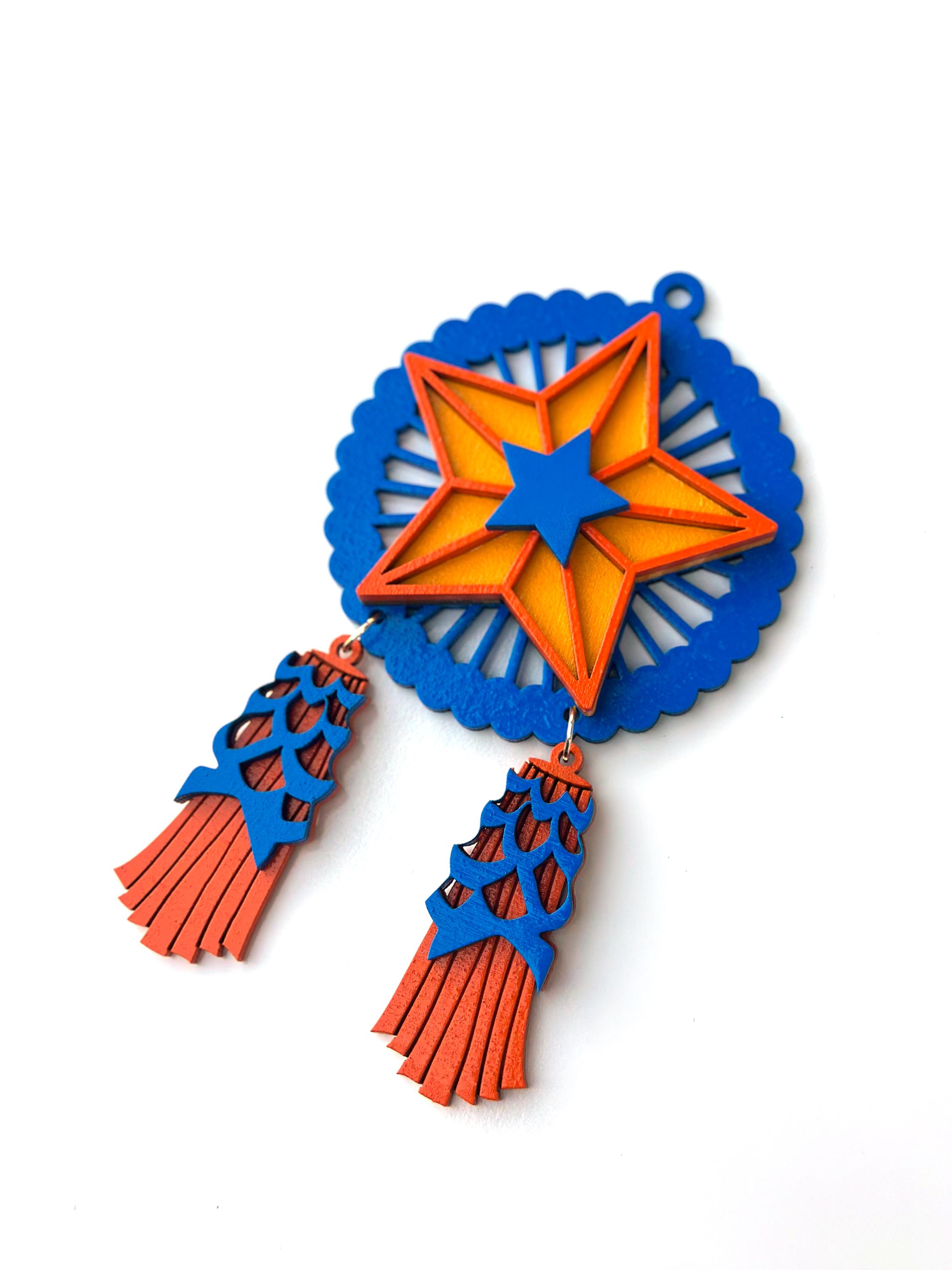 Wood Parol Ornament - Blue, Orange, Blue - Etsy
