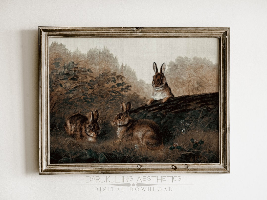 Three Rabbits Painting Vintage Moody Woodland Wildlife Printable Wall ...