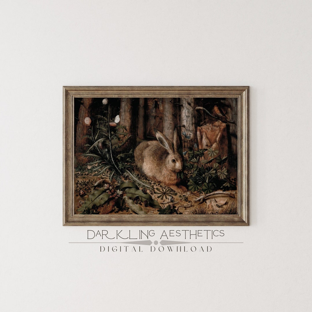 Dark Forest Rabbit Print | Vintage Moody Cottagecore Botanical Wildlife ...