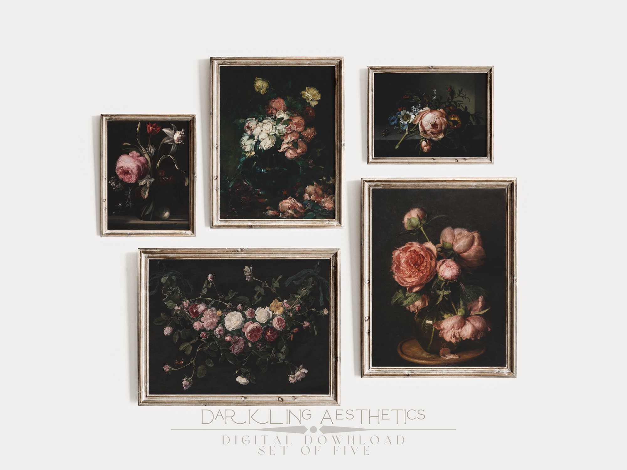Set of 5 Victorian Rose Paintings | Vintage Dark Moody Floral Printable ...