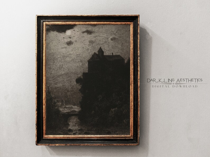 Vintage Moonlit Castle Print | Moody Dark Victorian Halloween Printable ...