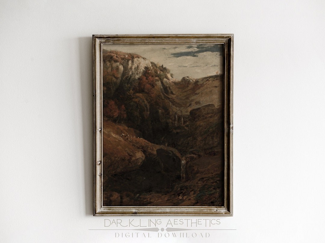Autumn Waterfall Painting Vintage Moody Cottagecore Dark Fall Landscape ...