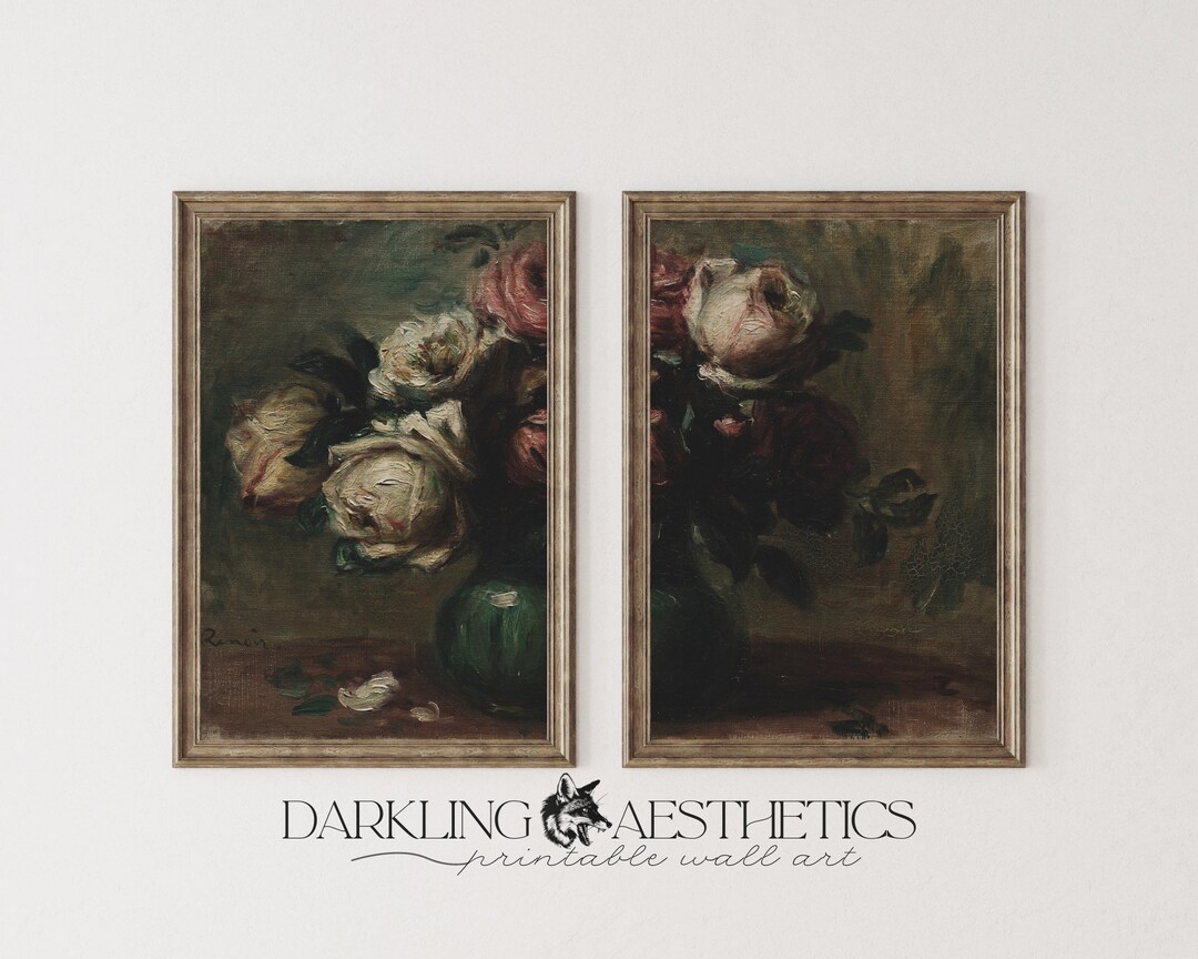 Set of 2 Split French Rose Painting | Vintage Moody Victorian Floral ...