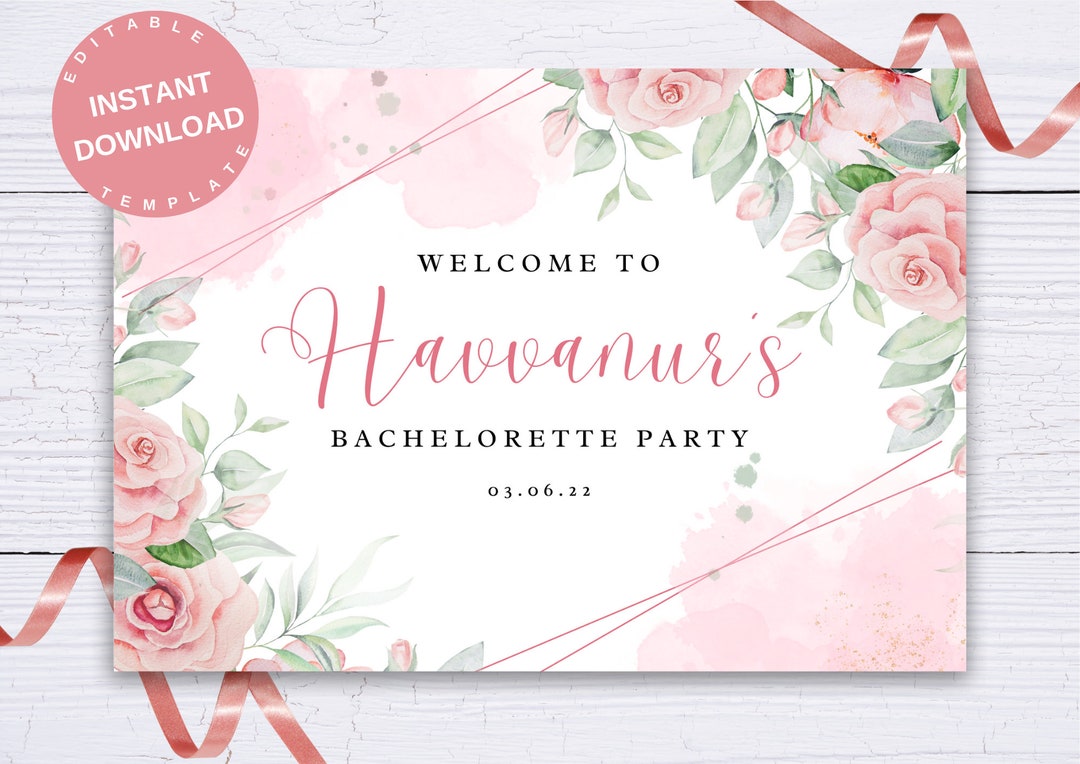 Editable Placemat Watercolor Roses Flowers, Soft Pink Bachelorette ...
