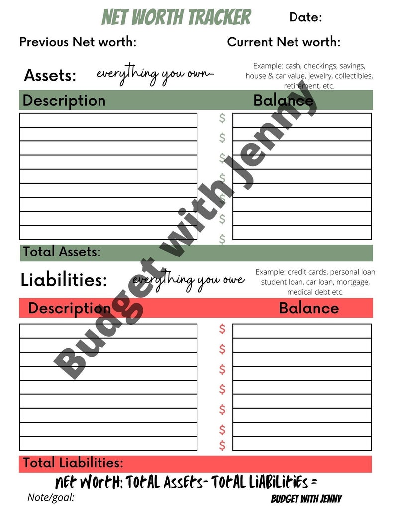 Net Worth Tracker Template | Printable Net Worth Tracker | Financial ...