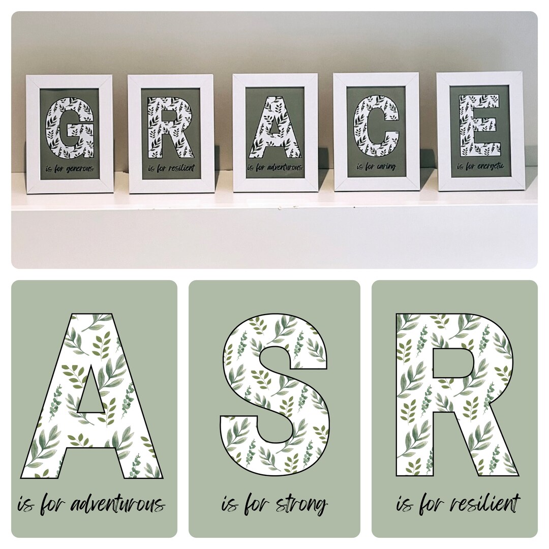 Nursery Name Alphabet Posters Signs Describing Posters Greenery Theme ...