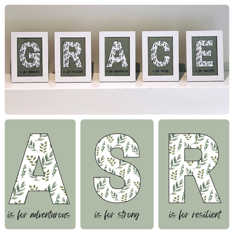 Nursery Name Alphabet Posters Signs Describing Posters Greenery Theme ...