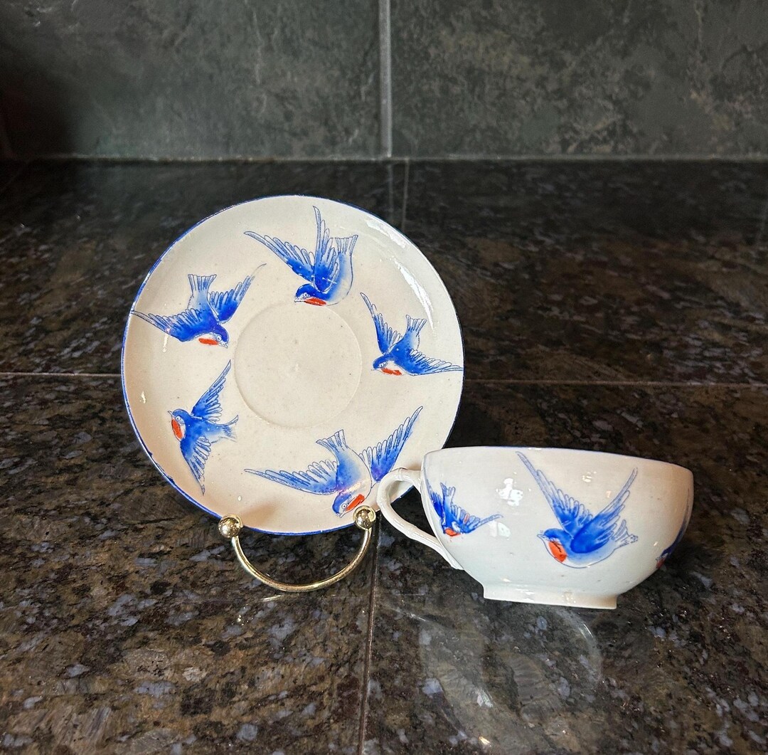 Japanese Eggshell Porcelain Bluebird Teacup and Saucer Handpainted,blue ...