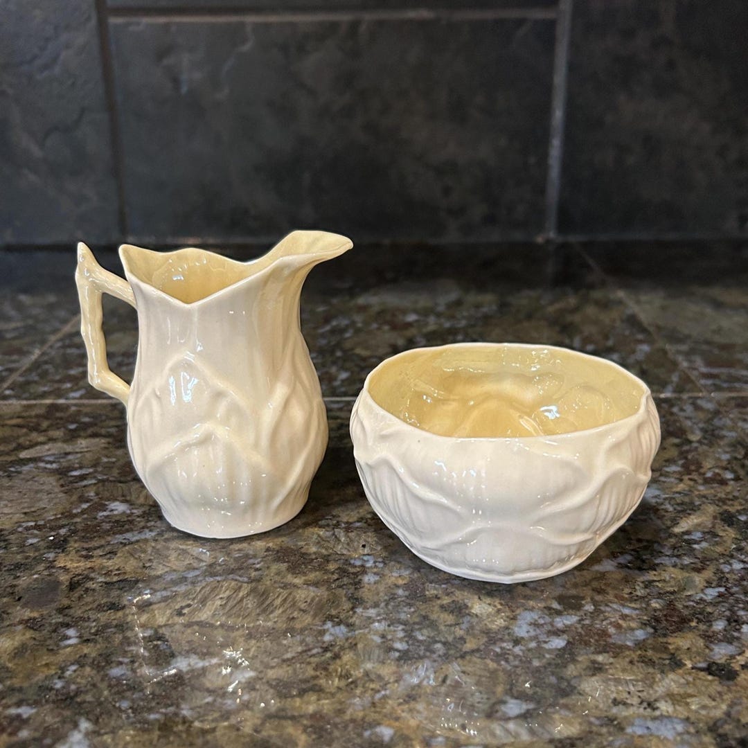 Vintage Belleek Sugar Bowl & Creamer Set: Lily White With Luster Yellow ...