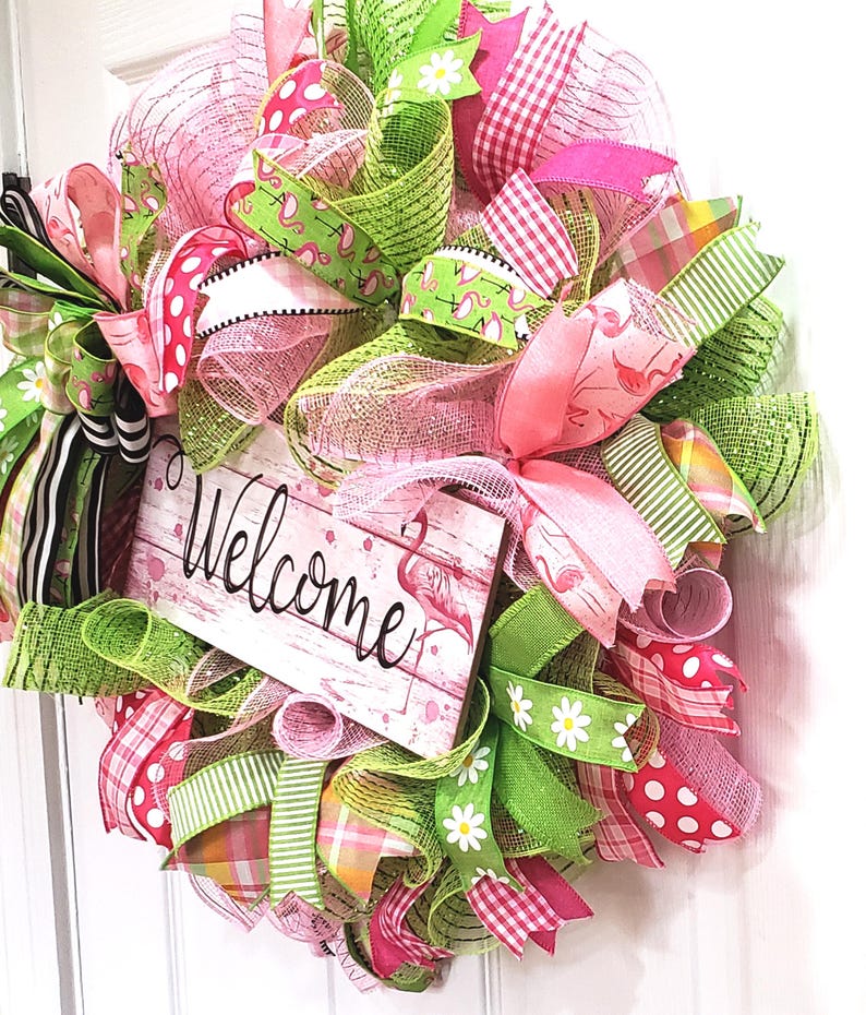 Flamingo Welcome Wreath: Pink & Lime Spring Summer Door Decor. Tropical ...