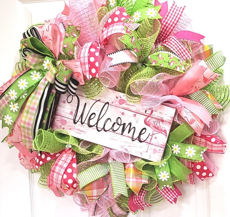Flamingo Welcome Wreath: Pink & Lime Spring Summer Door Decor. Tropical ...