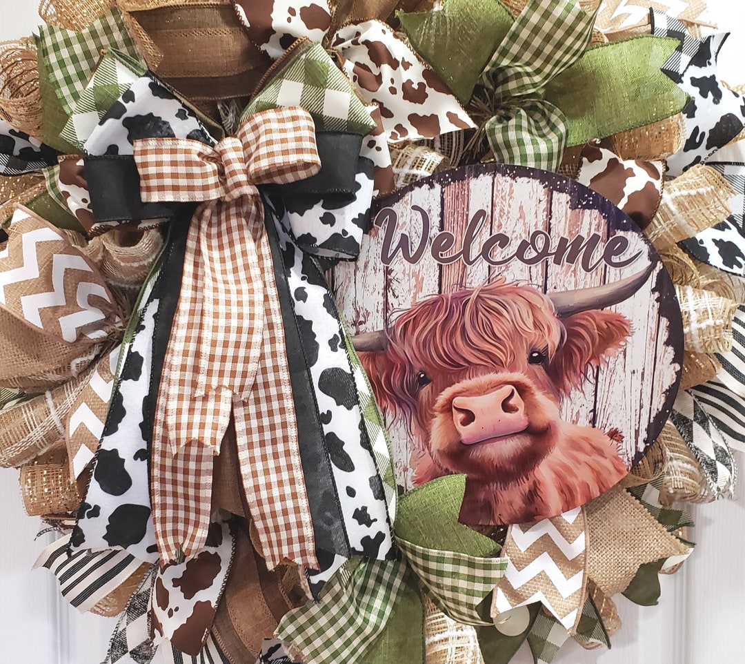 Highland Cow Wreath for a Front Door Wreath Cow Welcome Wreath Country ...