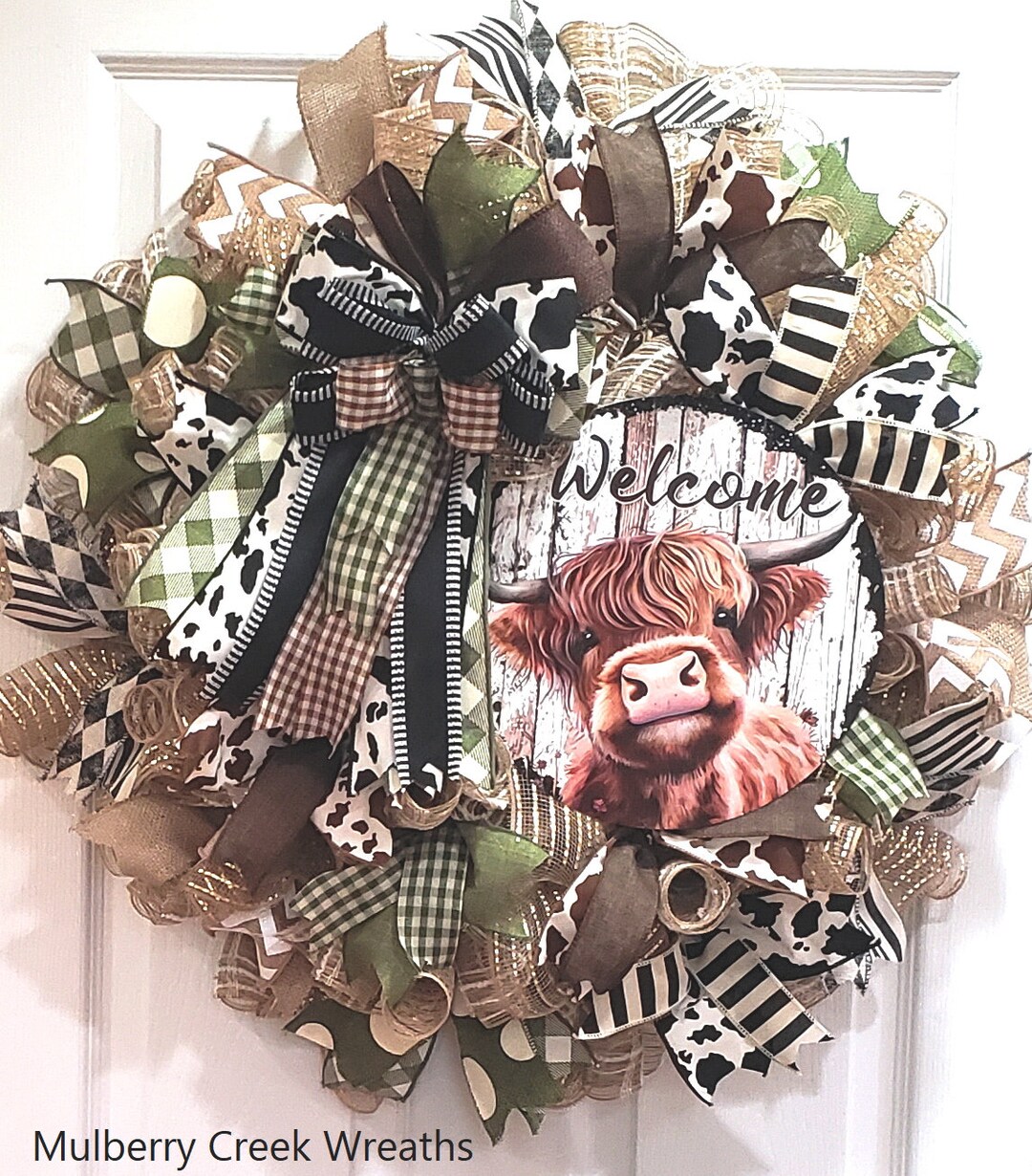 Highland Cow Wreath for a Front Door Wreath Cow Welcome Wreath Country ...