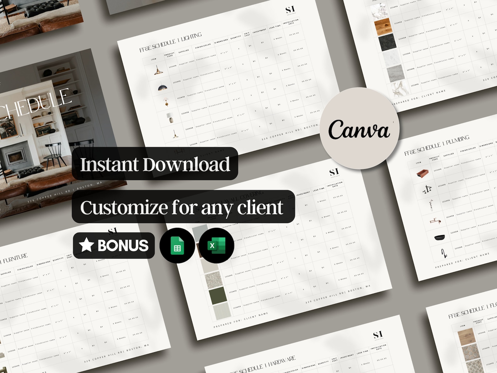Interior Design FF&E Schedule Canva Template Excel Google Sheets ...