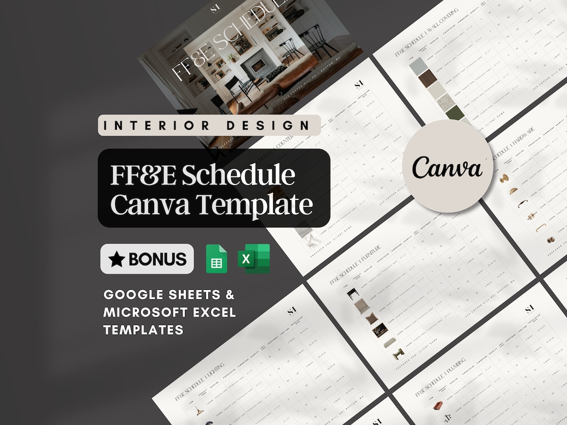 Interior Design FF&E Schedule Canva Template Excel Google Sheets Interior Design Project ...