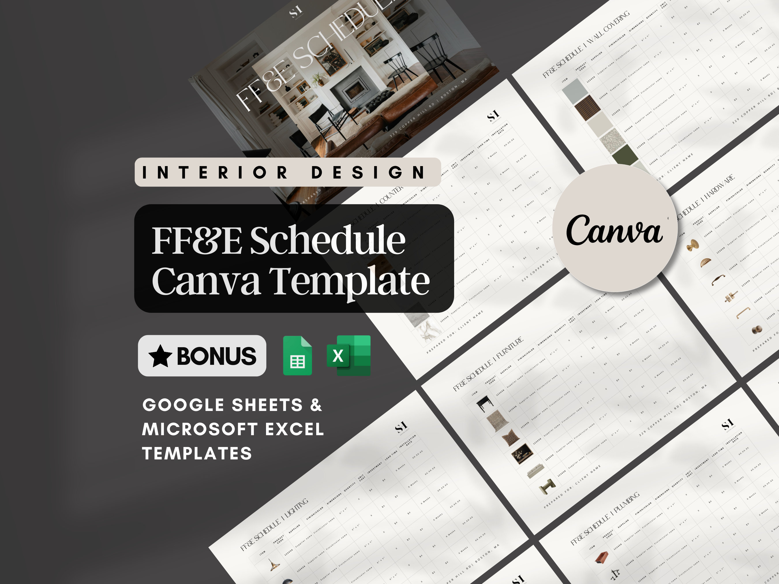 Interior Design FF&E Schedule Canva Template Excel Google Sheets ...