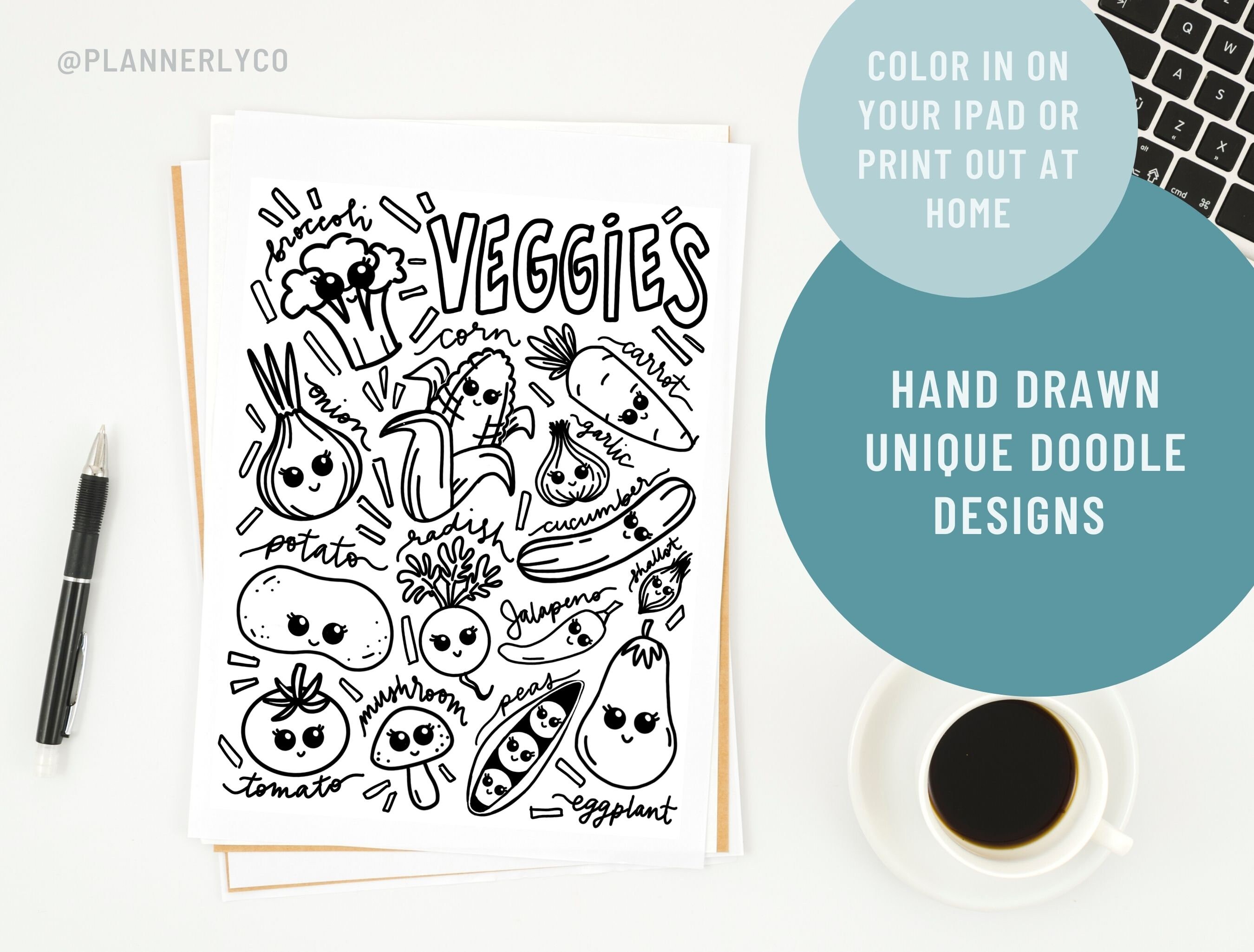 Digital Coloring Book Page - Veggies - Printable Sheets PDF - Procreate ...