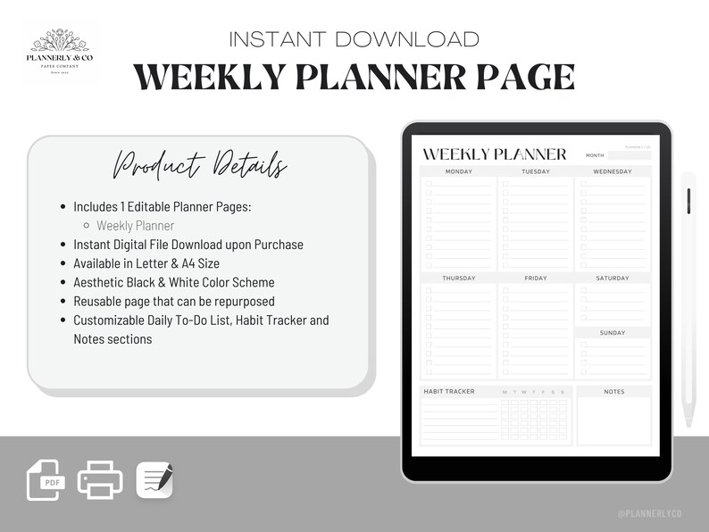 Editable Weekly Planner Template Instant Digital Download PDF - Etsy