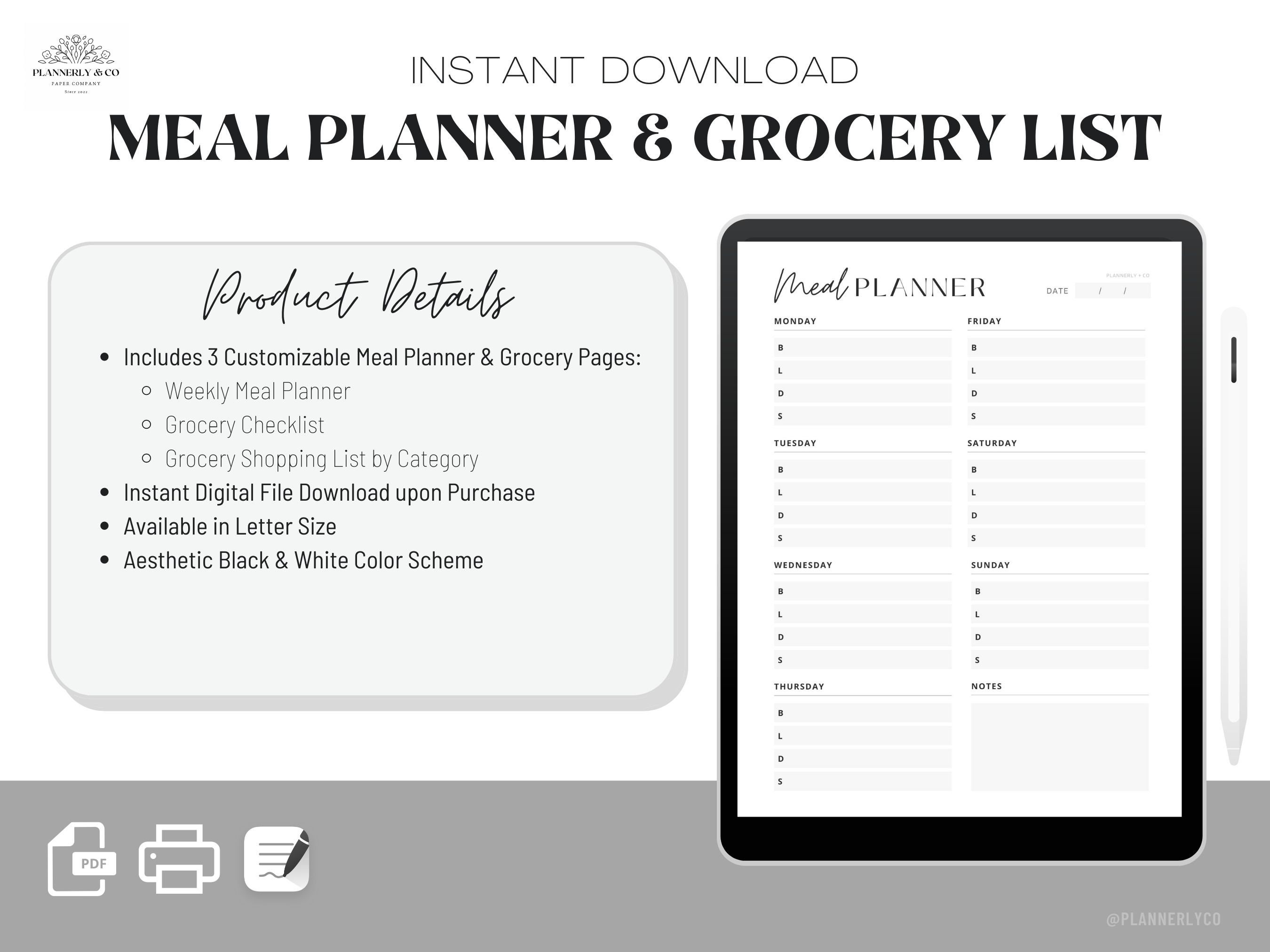Editable Meal Planner & Grocery List Template Bundle - Weekly Meal Prep ...