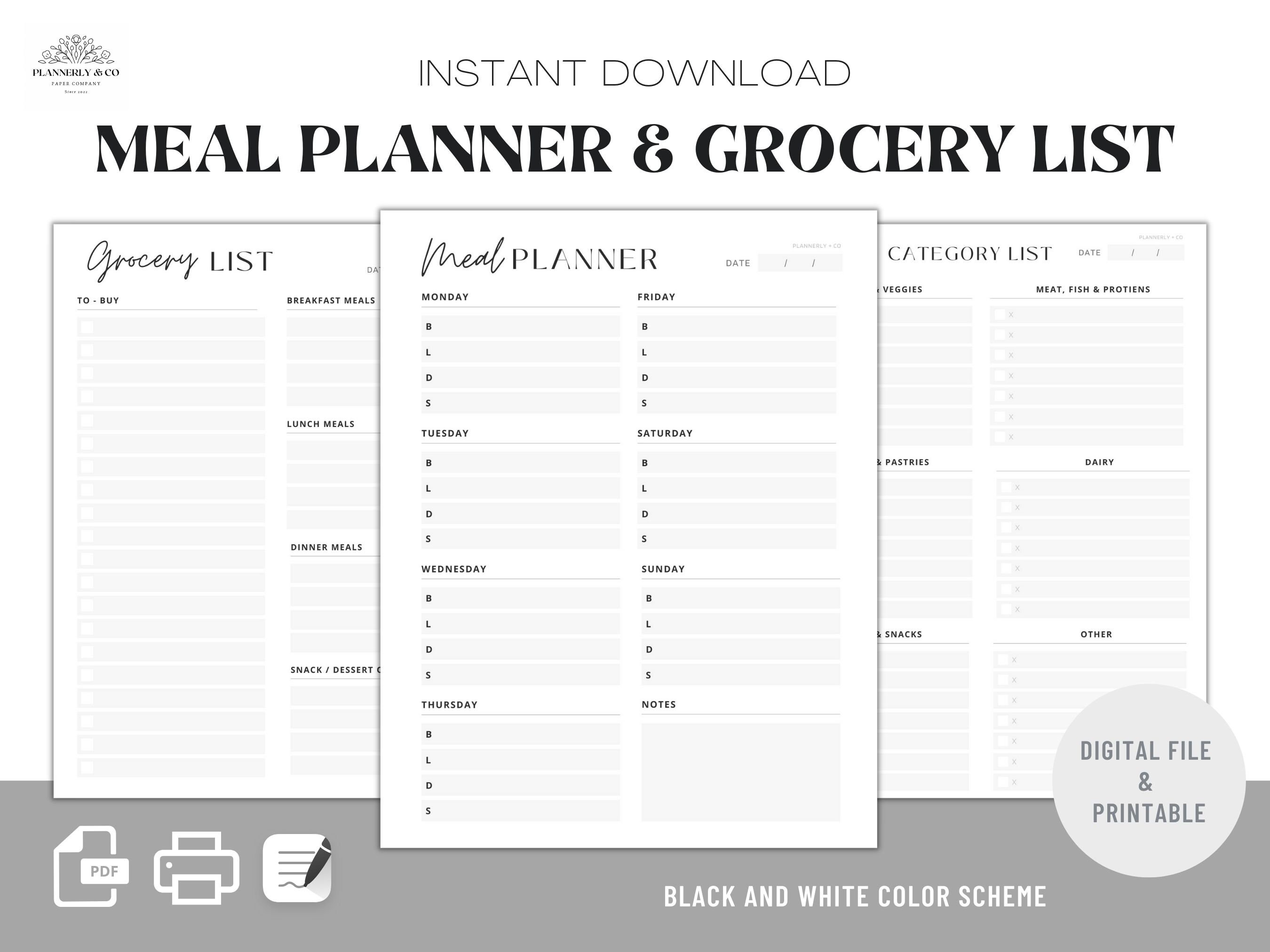 Editable Meal Planner & Grocery List Template Bundle - Weekly Meal Prep ...