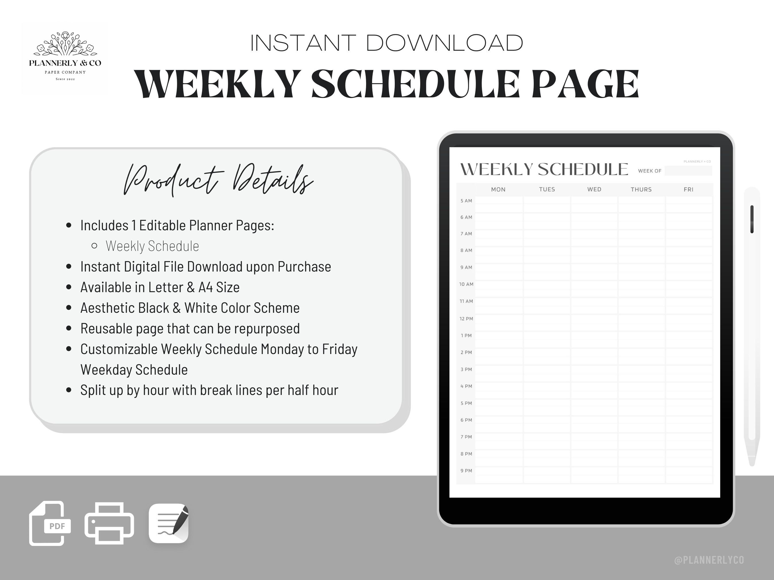 Editable Weekly Schedule Template - Instant Digital Download - PDF ...