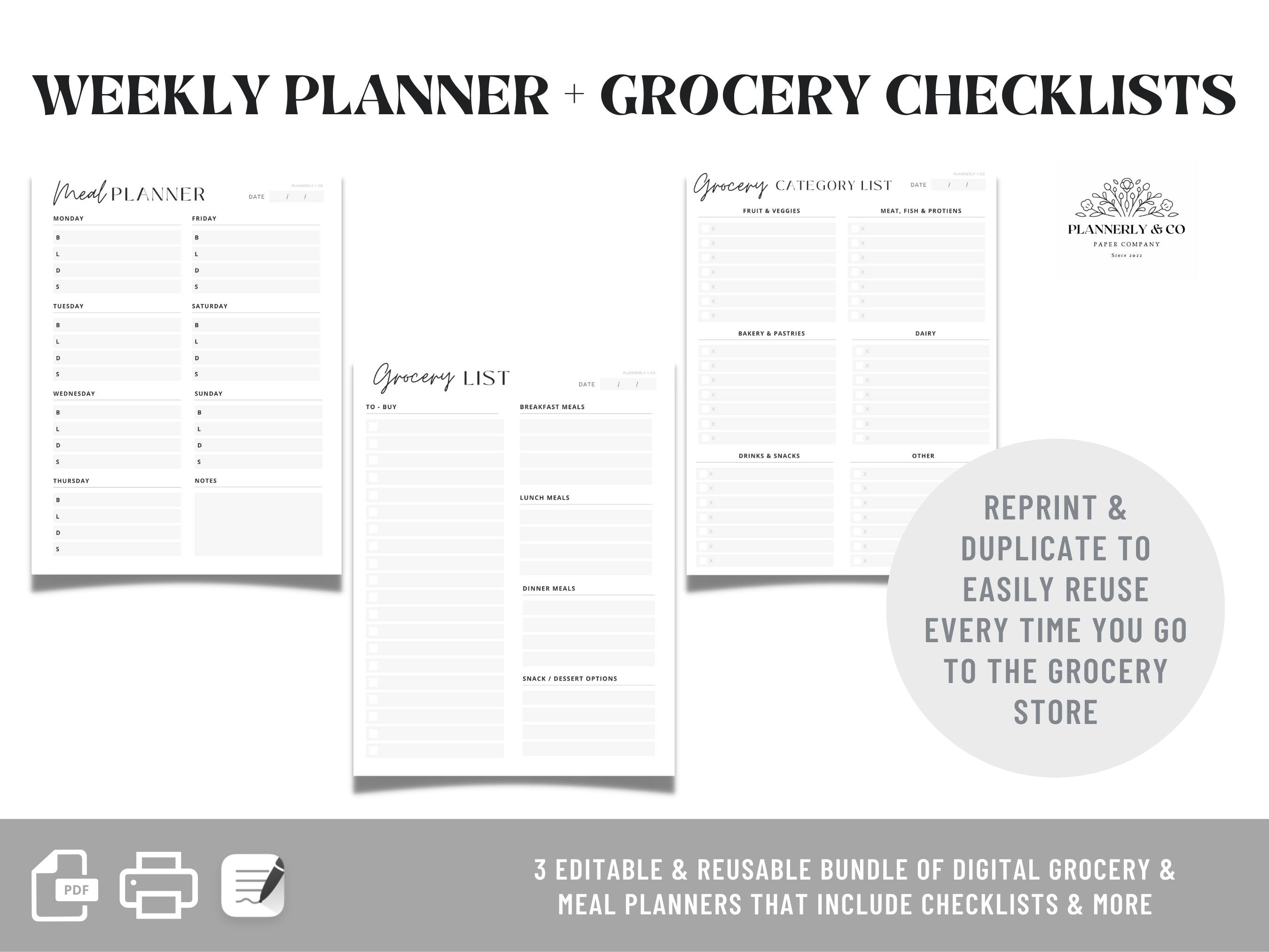 Editable Meal Planner & Grocery List Template Bundle - Weekly Meal Prep ...