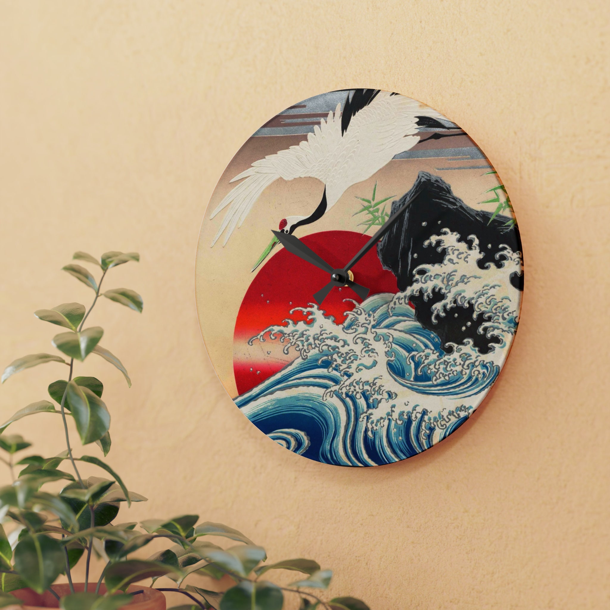 Japanese Crane Wave Sun Acrylic Round Wall Clock Japanese - Etsy