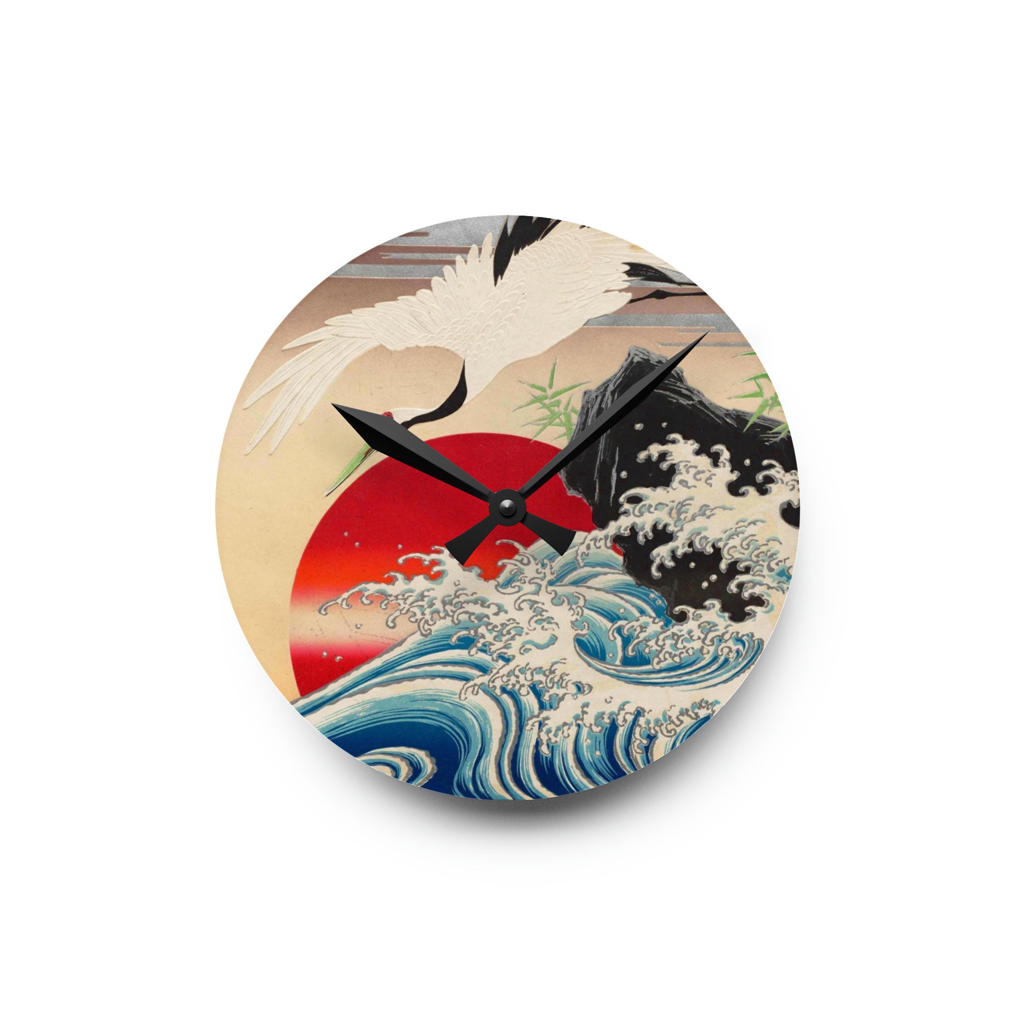 Japanese Crane Wave Sun Acrylic Round Wall Clock Japanese - Etsy