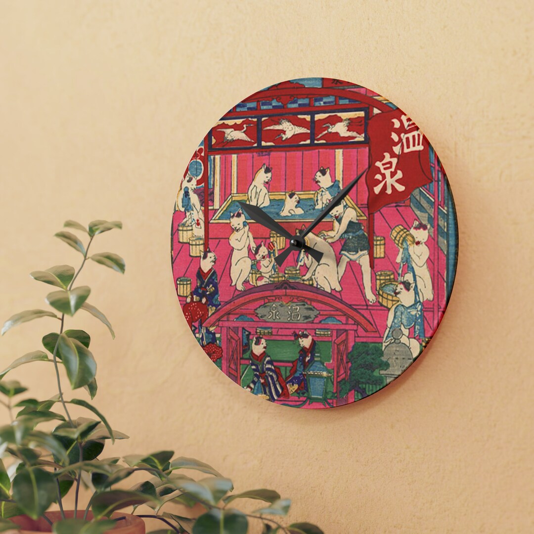 Japanese Pink Cat Onsen Acrylic Round Wall Clock, Japanese Round Wall ...